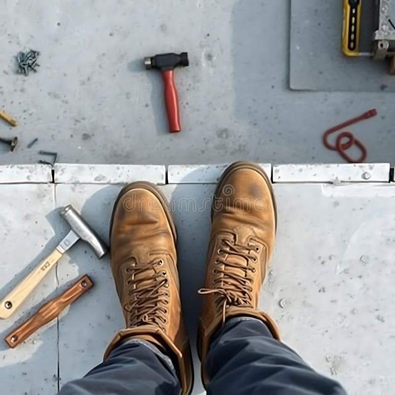 A Workers Booted Feet Visible from Above Standing on a Roof with Tools ...