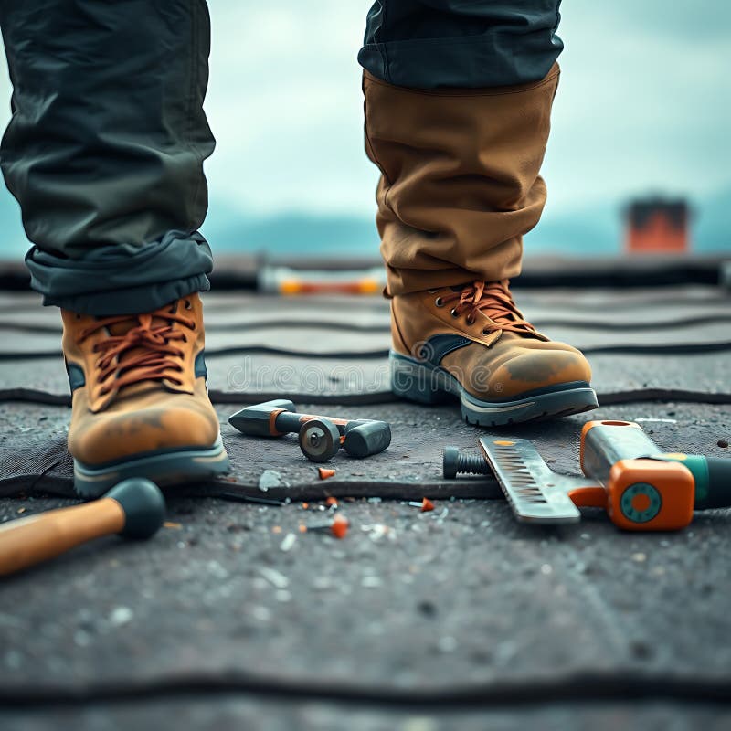 A Workers Booted Feet Visible from Above Standing on a Roof with Tools ...
