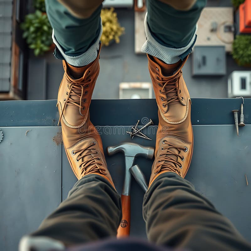 A Workers Booted Feet Visible from Above Standing on a Roof with Tools ...