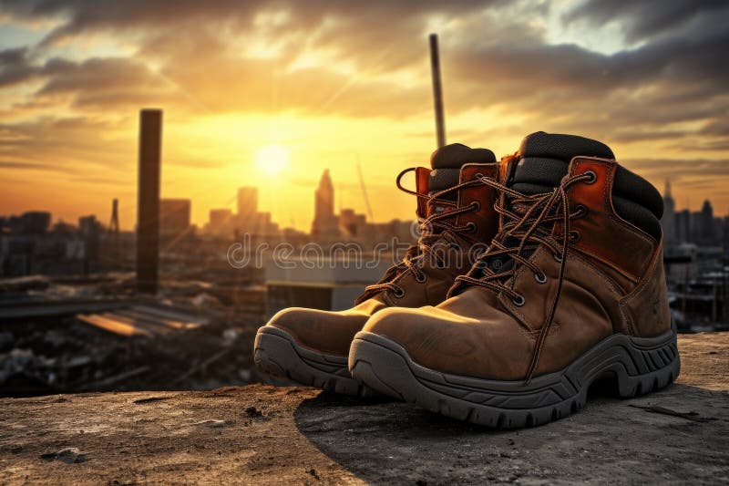 Workers Boots at a Construction Site with a City Sunset Backdrop Stock ...