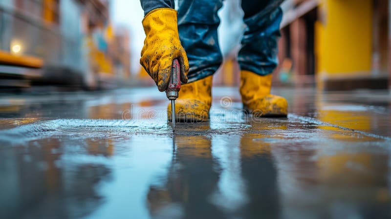 Workers Boots in Muddy Reflection on Construction Site during Drizzly ...