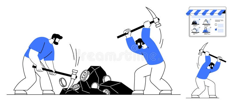 Workers Breaking Rocks with Pickaxes Near Diagram Representing Project ...