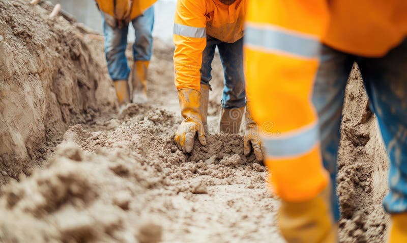 Workers in Bright Orange Jackets Dig in a Construction Site, Focused on ...
