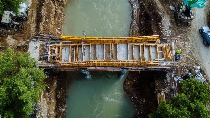 Workers Building a Bridge Over a River Stock Illustration ...