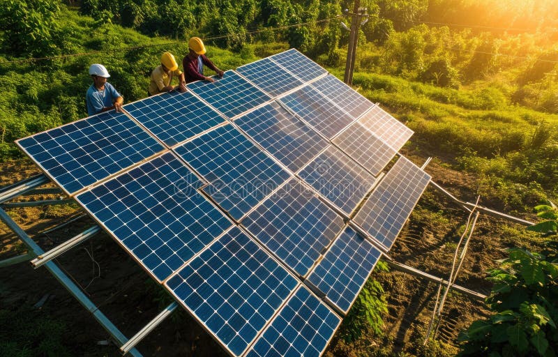 Workers Building Solar Panel System on Roof of House Stock Illustration ...