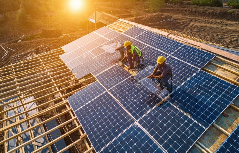 Workers Building Solar Panel System on Roof of House Stock Illustration ...