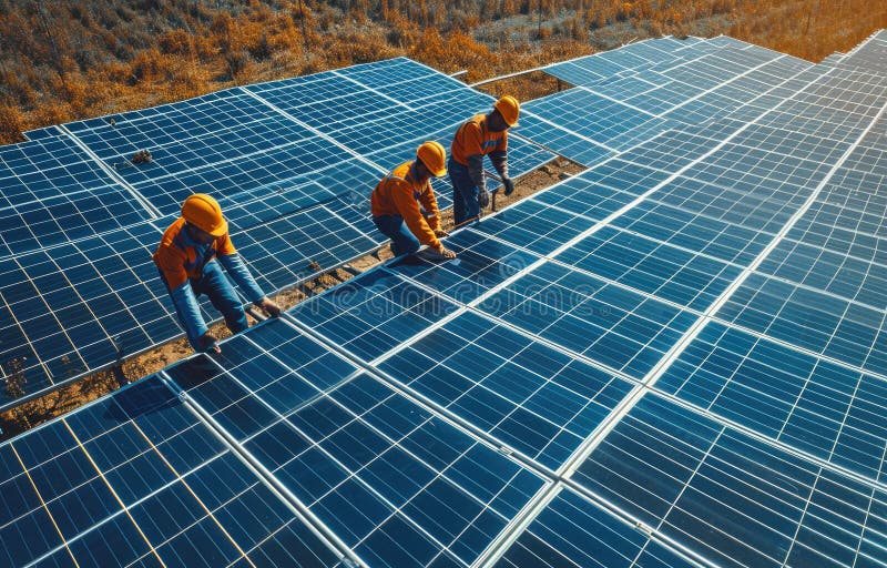 Workers Building Solar Panel System on Roof of House Stock Illustration ...