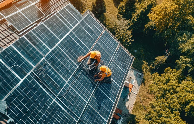 Workers Building Solar Panel System on Roof of House Stock Illustration ...