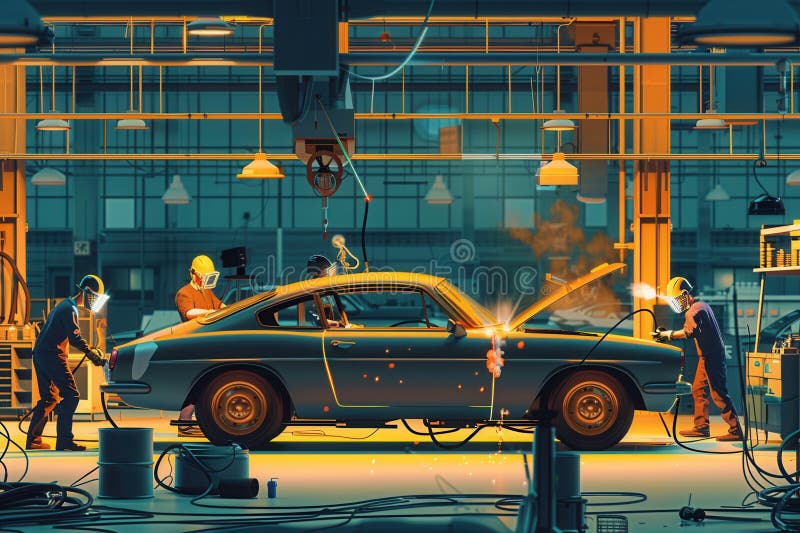 Workers in a Busy Auto Body Shop are Welding and Assembling a Vintage ...