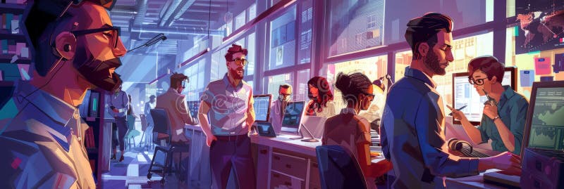 Workers in a Busy Urban Office Utilize AI Assistants for Seamless Task ...