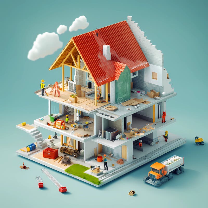 Construction Workers Engaged in Building a Detailed Model of a House ...