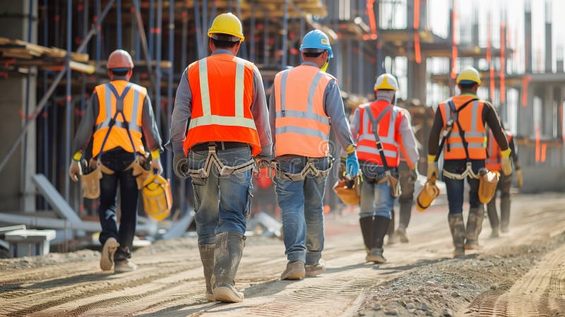 Workers Carrying Tools Enter an Active Construction Site Stock ...