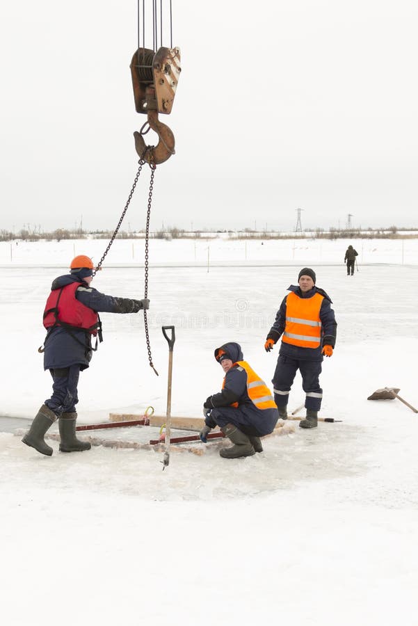 Workers Catch Ice Blocks in the Lane Stock Image - Image of gloves ...
