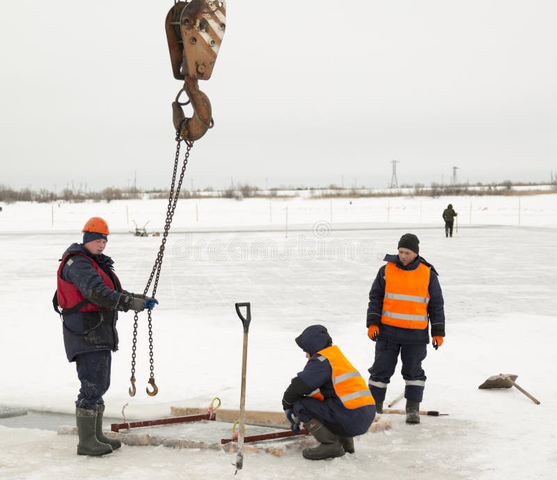Workers Catch Ice Blocks in the Lane Stock Photo - Image of construc ...