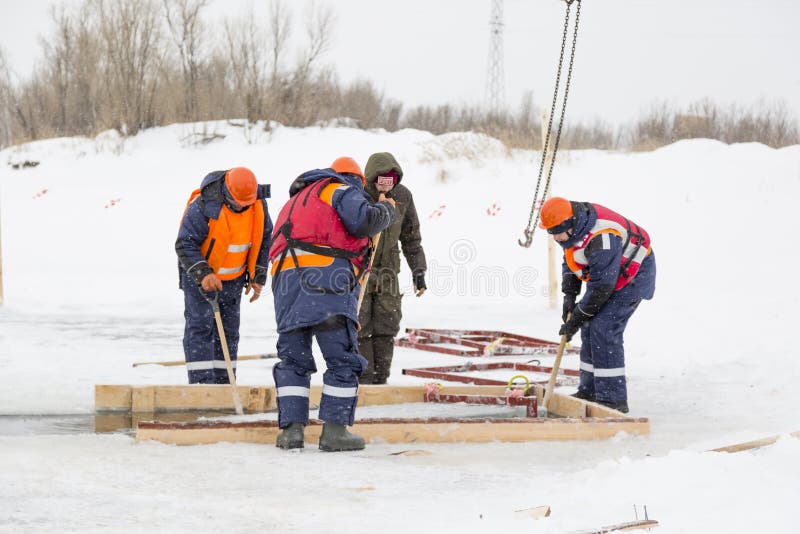 Workers Catch Ice Blocks in the Lane Stock Image - Image of blue, panel ...