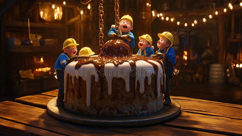 Workers Celebrate with Giant Cake in Rustic Workshop Stock Image ...