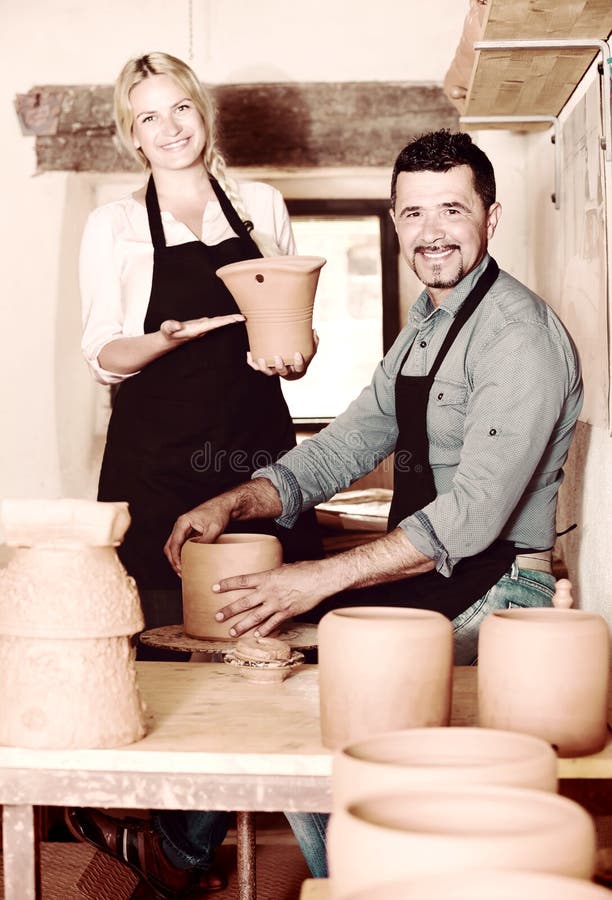 Workers in Ceramics Workshop with Pottery Wheel Stock Image - Image of ...