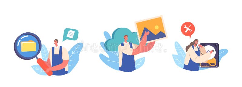 Workers Characters with Broken Hard Disk, Magnifier and Media File ...