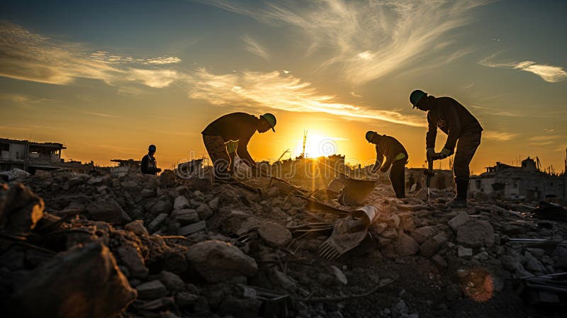 Workers Cleaning Up Rubble of a City or Town Devastated by War Stock ...