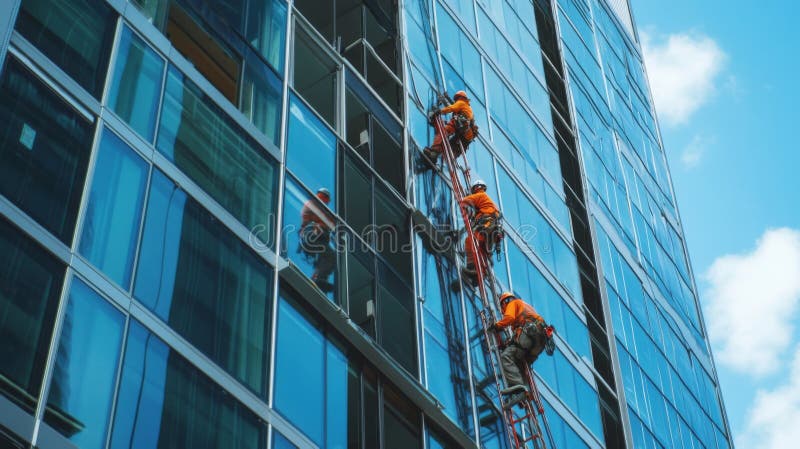 Workers Cleaning Windows on a Modern Glass Building Stock Illustration ...