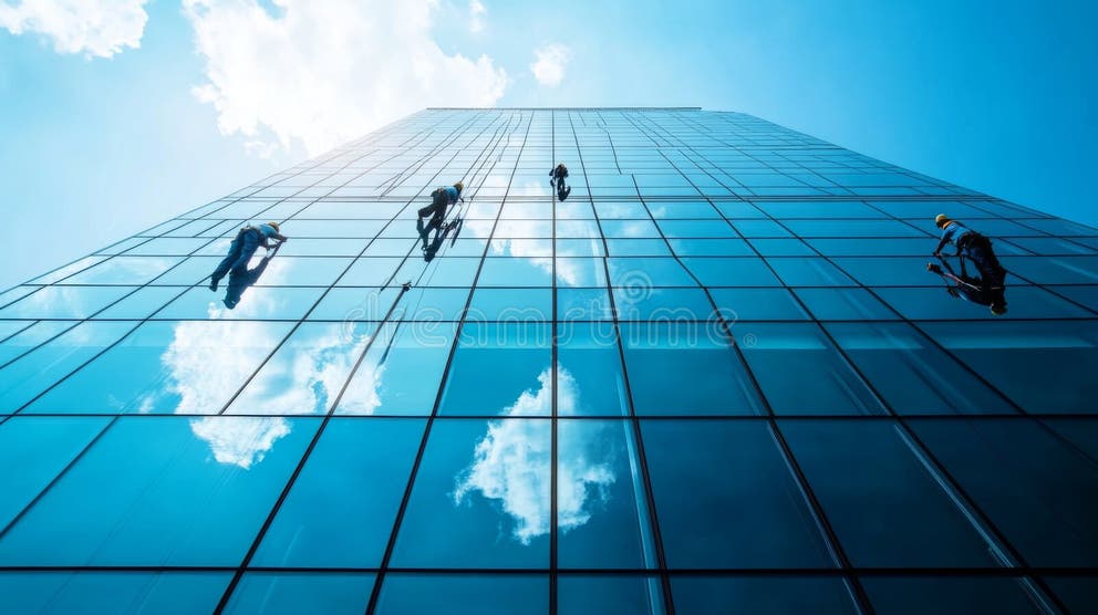 Workers Cleaning Windows on a Modern Skyscraper Stock Illustration ...