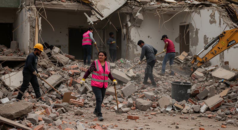 Workers Clearing Debris after Building Collapse with Excavator Support ...