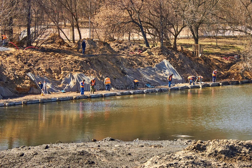 Workers Clearing Rivers and Reconstructing Coastal Areas with Trees ...