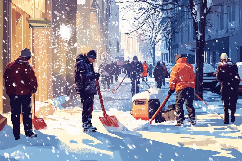 Workers Clearing Snow from Sidewalk Stock Illustration - Illustration ...