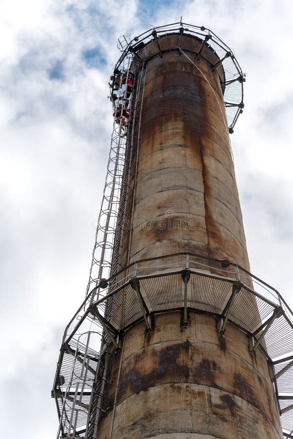 Workers Climbing on the Big Chimney Stock Image - Image of blue ...