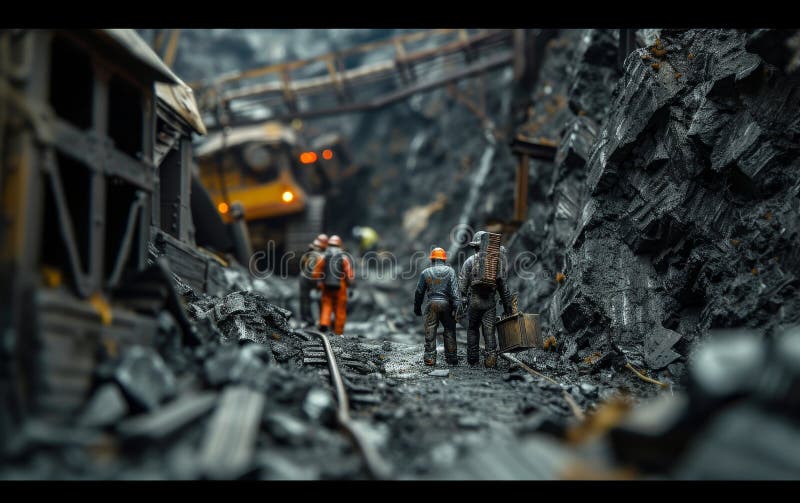 Workers in a Coal Mine, Machinery and Train Carriages Visible, Dark and ...