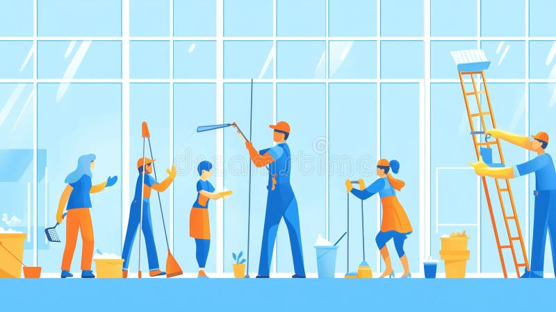 A Team of Workers Engaged in Window Cleaning at a High-rise Building ...