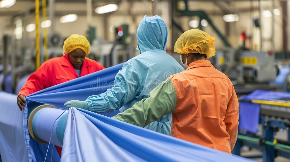 Workers Collaborating in a Textile Manufacturing Facility Stock ...