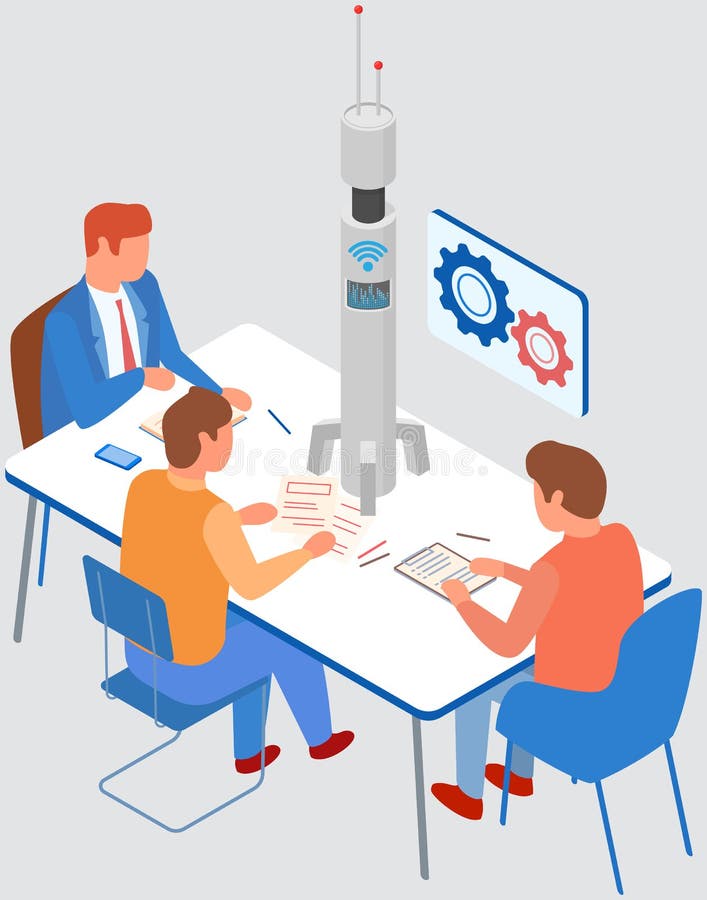 Workers Colleagues Discuss Project with Digital Technologies Using ...