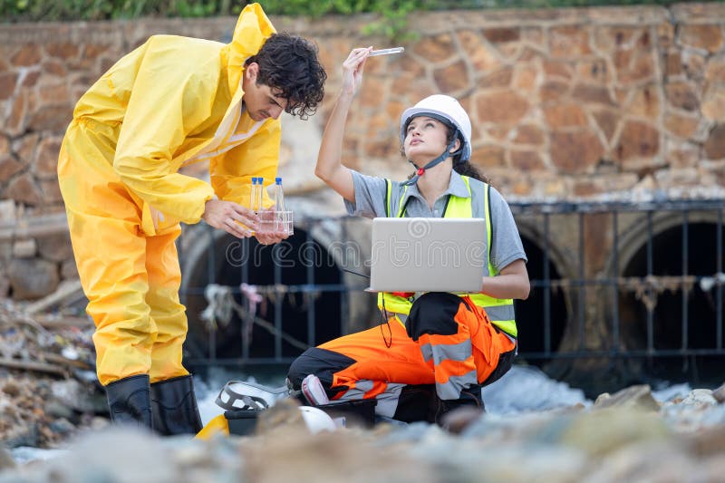 Workers Collecting Water Samples for Environmental Research, Engineers Analyzing Environmental ...