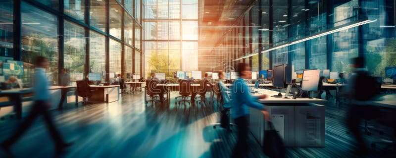 Workers at Computers in an Open Plan Workspace with Large Windows ...