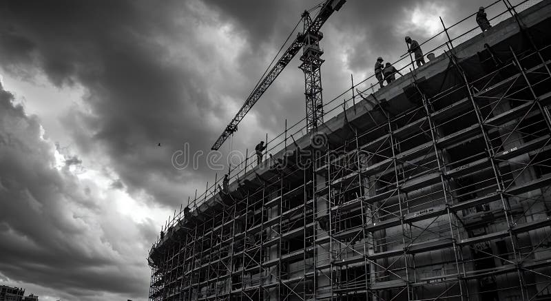 Construction Workers at Building Site with Crane and Dramatic Sky Stock ...