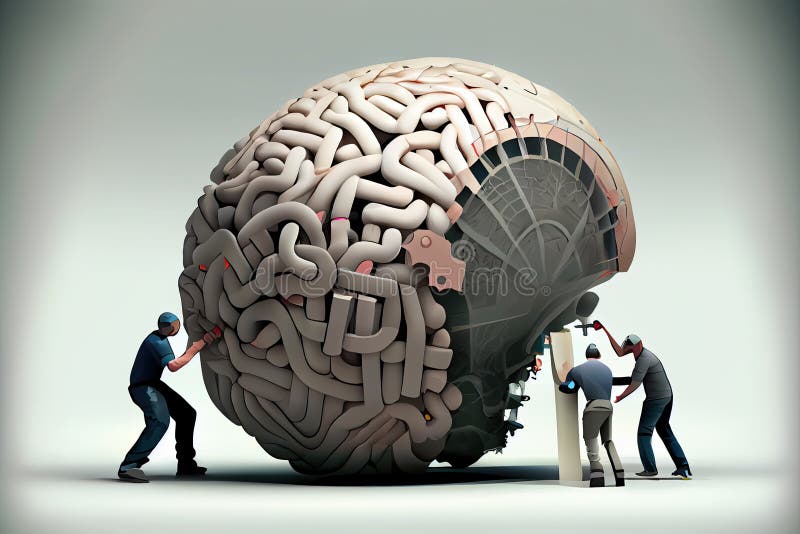 Workers Constructing a Brain. AI Art Generated Stock Illustration ...
