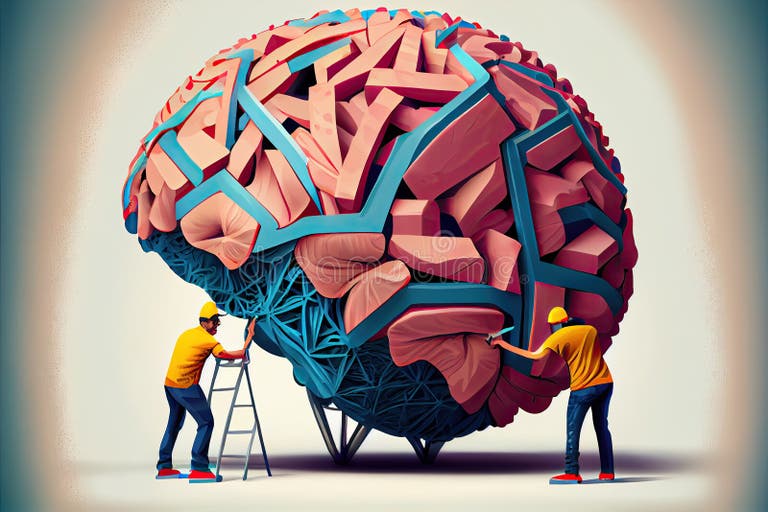 Workers Constructing a Brain. AI Art Generated Stock Illustration ...
