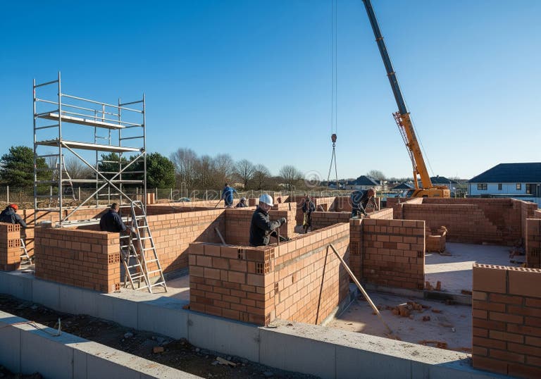 Construction Site of a Brick House with Scaffolding and Crane - AI Generated Stock Illustration ...
