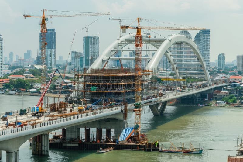 Workers Constructing a Modern Bridge with Cranes Stock Illustration ...