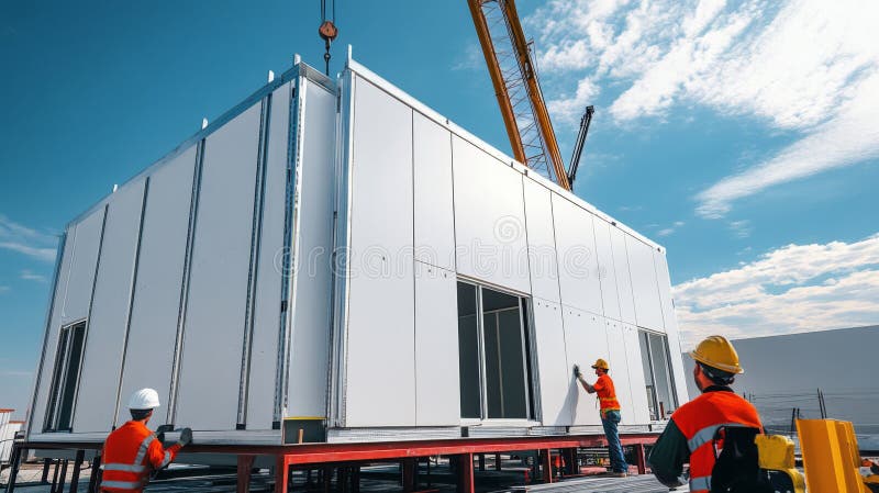 Workers Constructing a Modular Building with a Crane Stock Illustration ...