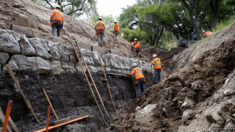 Workers Constructing a Stone Retaining Wall Stock Illustration ...