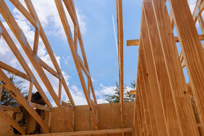 Construction of Wooden Trusses Frame Building Under Woks Day Stock ...