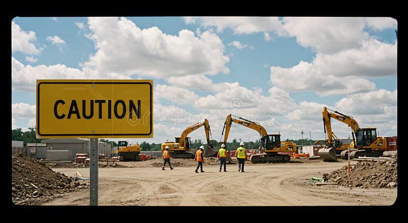 Workers at Construction Site with Excavators and Caution Sign Stock ...