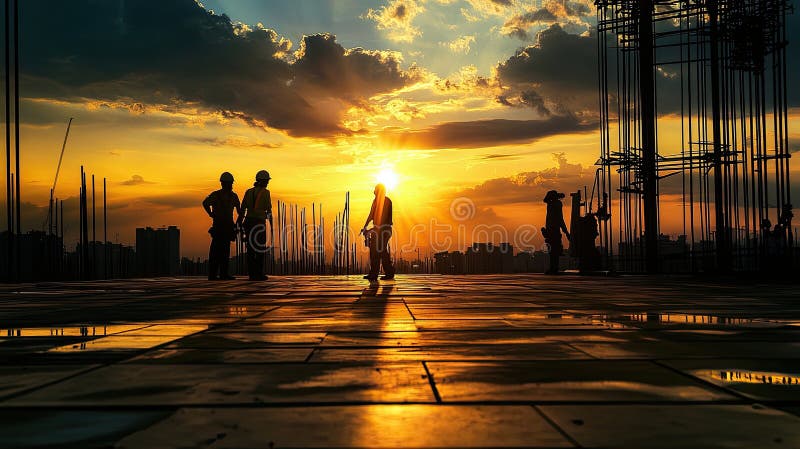 Workers at Construction Site during Sunset Showcasing Industry ...