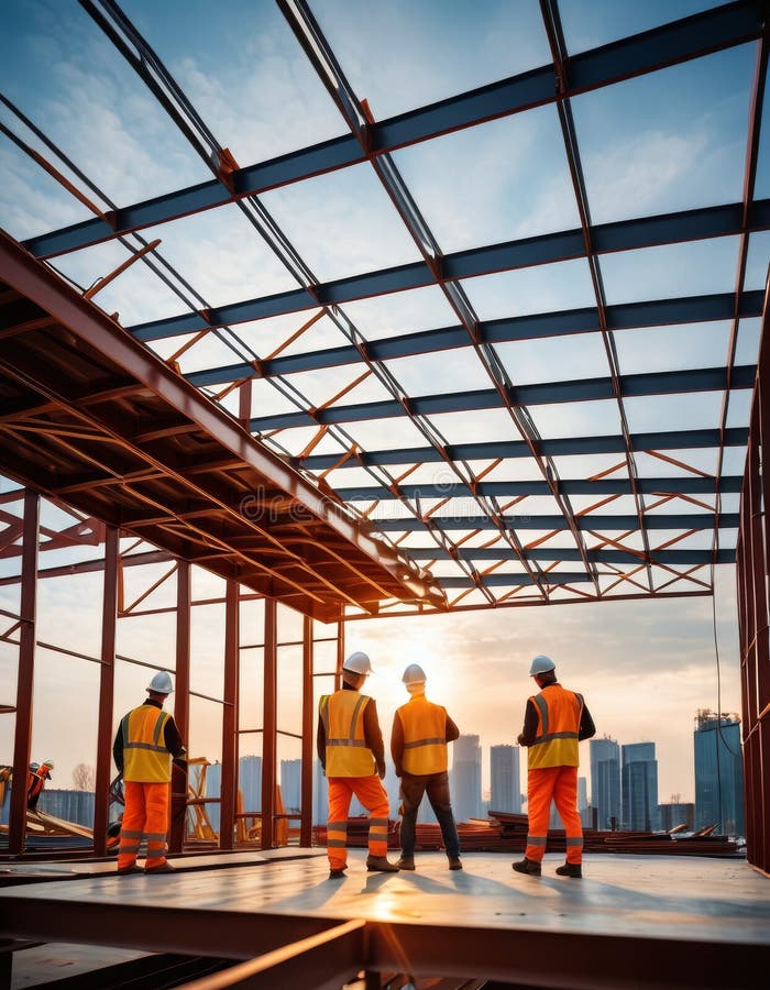Workers Contemplating at Steel Framework Stock Image - Image of sunset ...