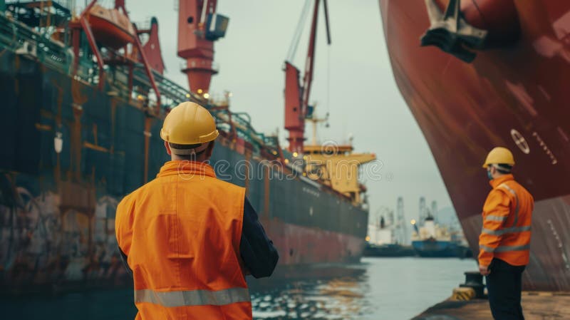 Workers Coordinating Logistics at a Commercial Dock with Cargo Ships ...