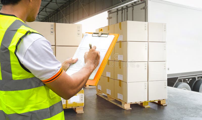 Workers Courier Holding Clipboard His Control Loading Package Boxes ...