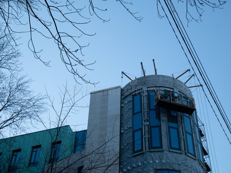 Workers Cradle Hanging in Front of Reconstructed Office Building Stock ...