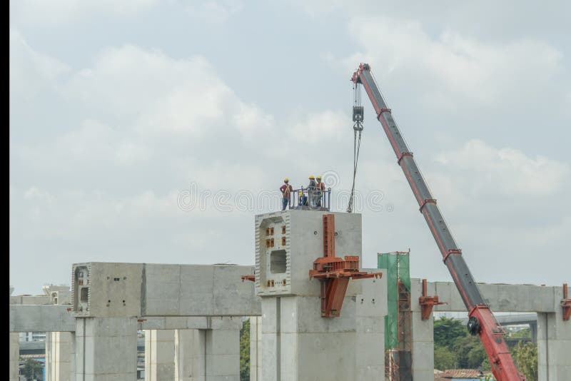 Workers and Crane Work on the Bridge Stock Photo - Image of iron ...